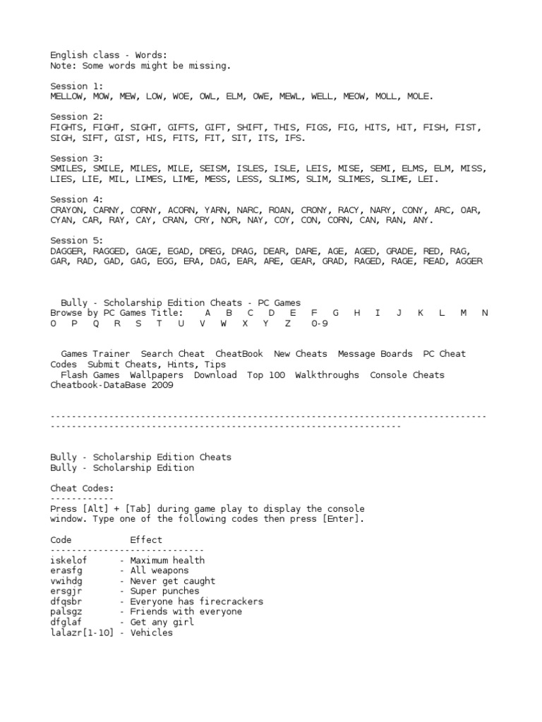 Bully Codes and Hints | PDF | Cheating In Video Games | Nintendo