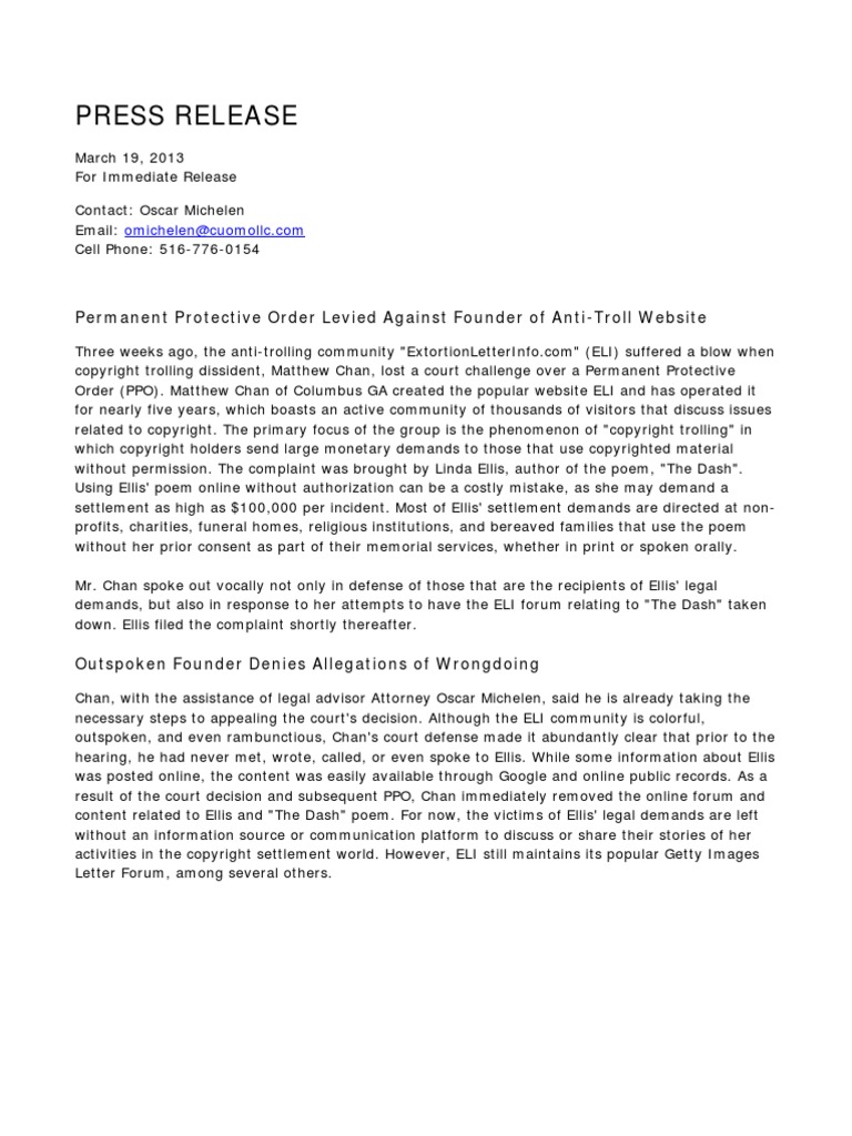 Press Release - ELI - March 19, 2013 | PDF | Law