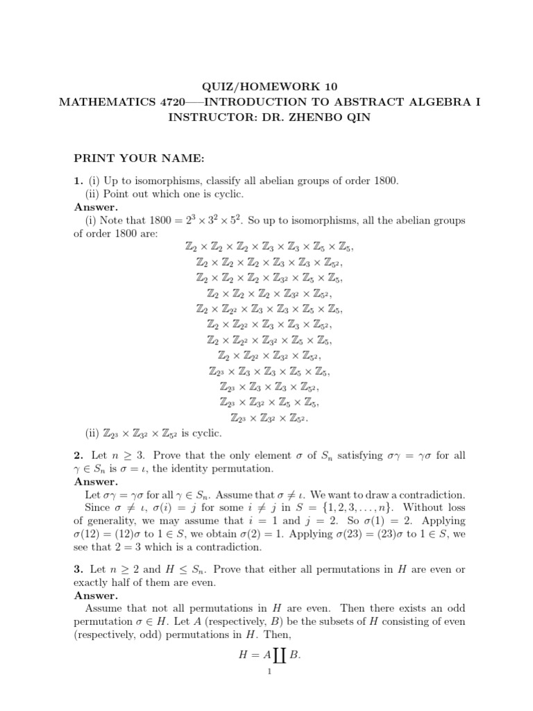 4720 Quiz Abstract Algebra | PDF | Group (Mathematics) | Index Of A Subgroup