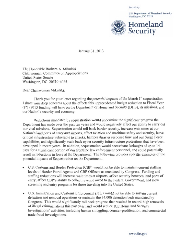 Homeland Letter-February Sequester Hearing | PDF | U.S. Customs And ...