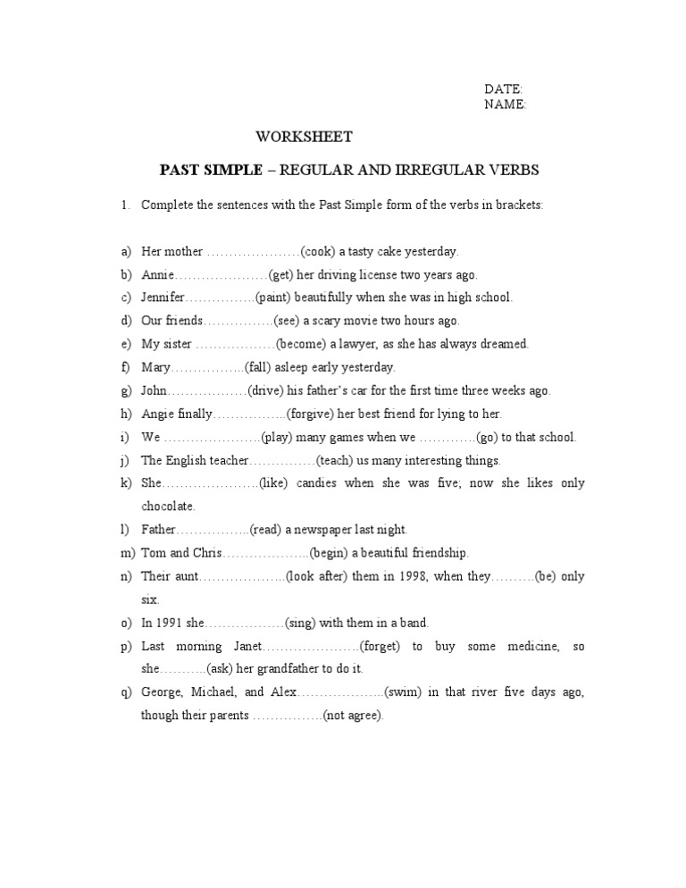Past Simple Verbs Worksheet | PDF | Games & Activities