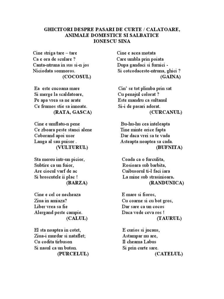 Ghicitori Despre Pasari de Curte | PDF