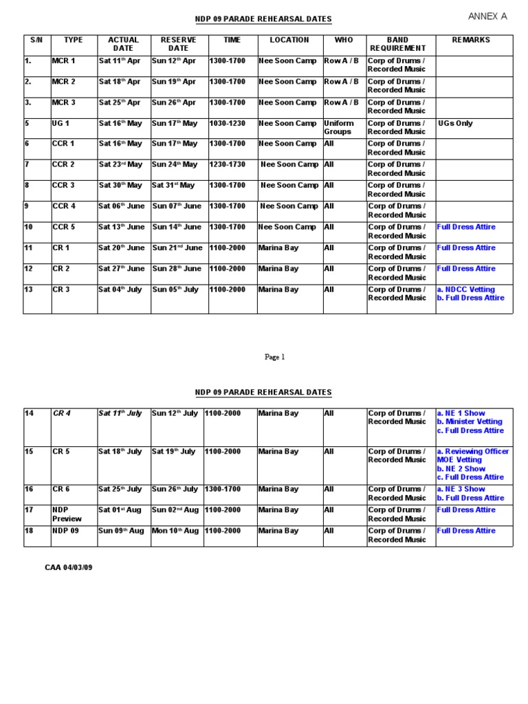NDP 09 Rehearsal Schedule | PDF | Clothing | Sports