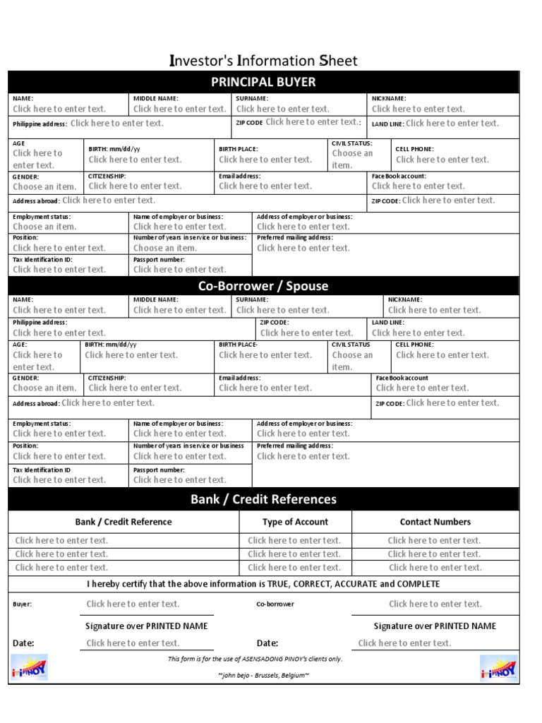 Investor Information Sheet Template | PDF | Identity Document | Written ...
