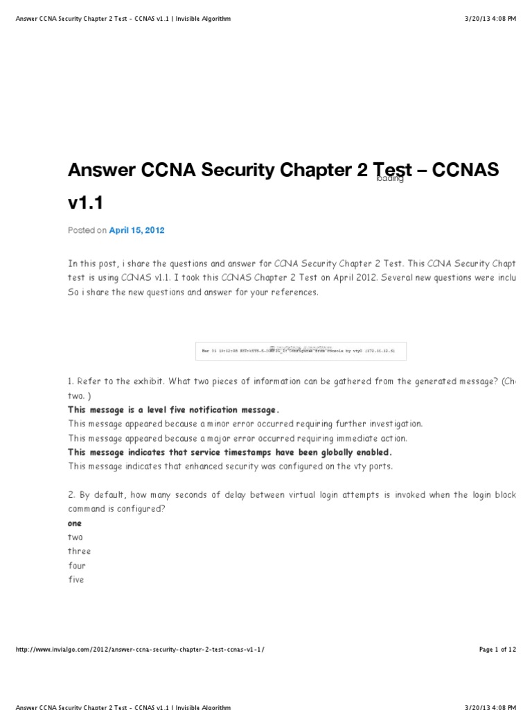 Chapter 2 Test - CCNAS v1.1 - Invisible Algorithm | PDF | Cisco ...