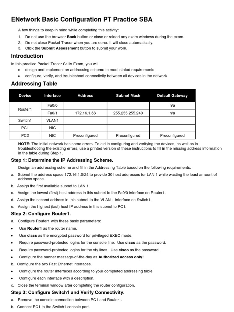 ENetwork Basic Configuration PT Practice SBA | PDF | Computer Network | Gateway (Telecommunications)