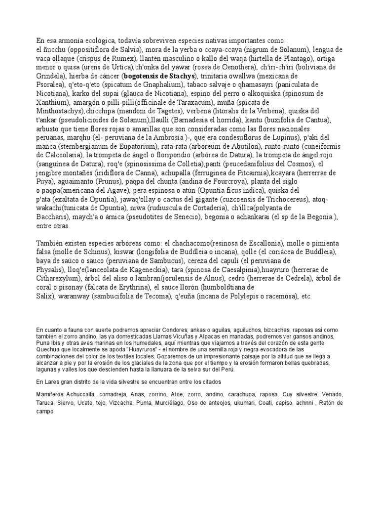 Flora y fauna del Cusco y Lares | PDF | Organismos | Plantas