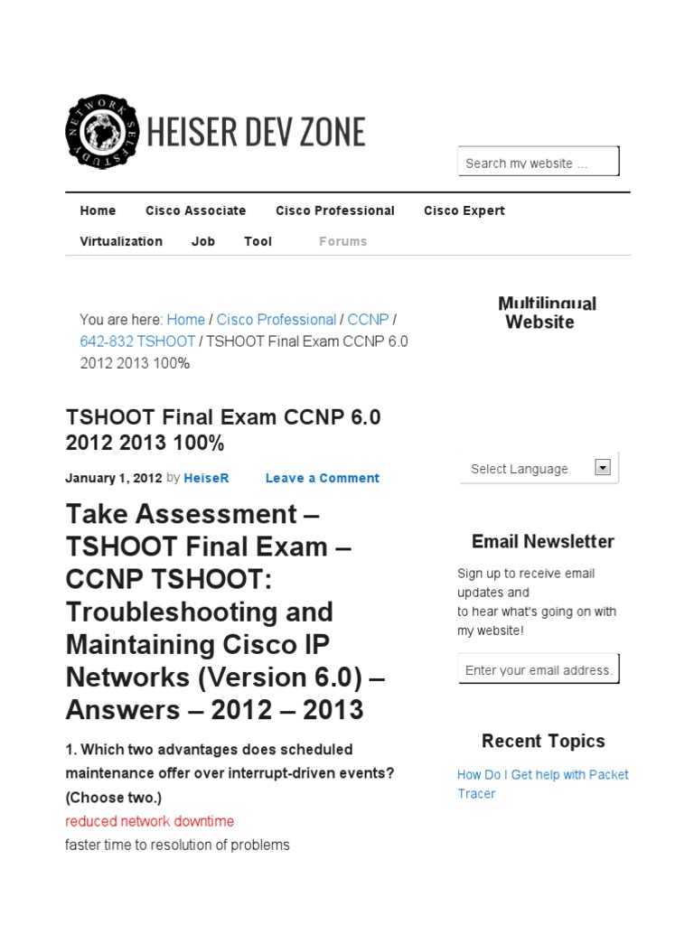 Take Assessment - TSHOOT Final Exam - CCNP Tshoot: Troubleshooting and ...
