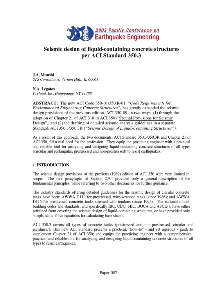 Seismic Design of Liquid Structures ACI 350.3 | PDF