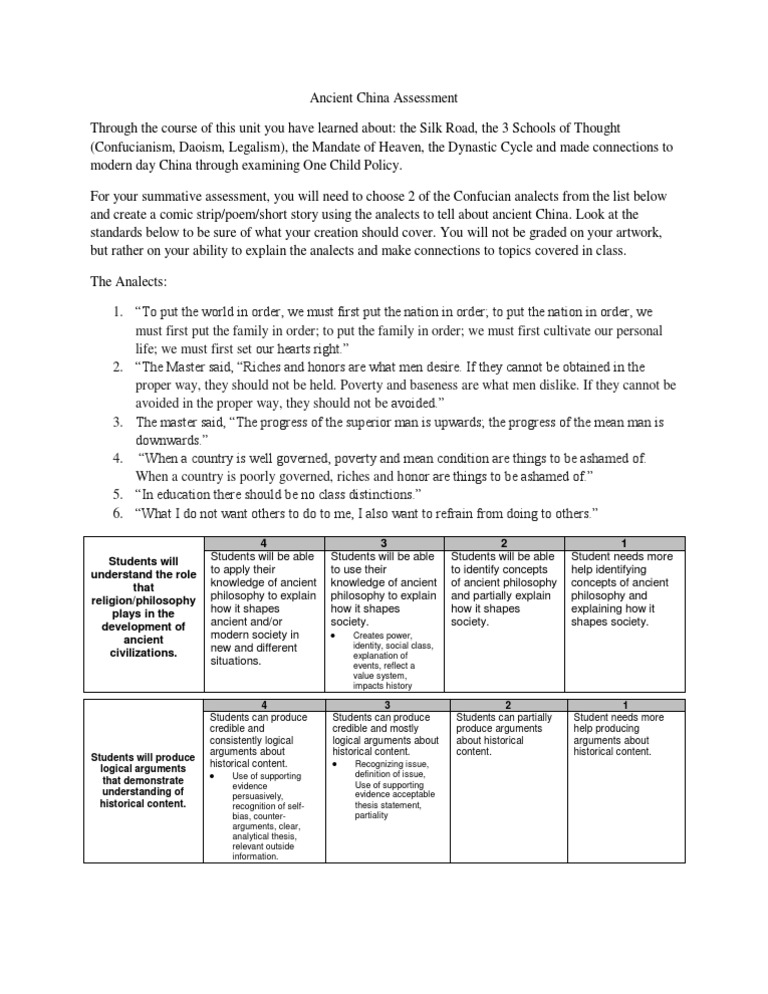 Ancient China Analects Assessment | PDF | Argument | Confucianism