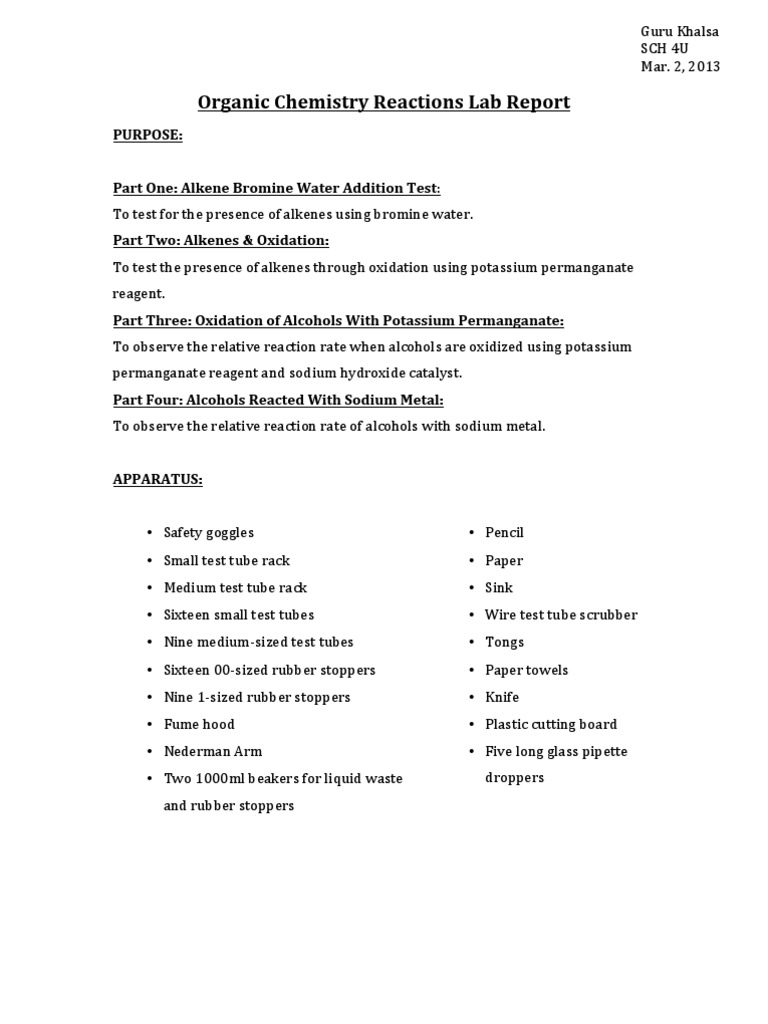 Organic Chemistry Reactions Lab Report: Analyzing Alkene and Alcohol ...