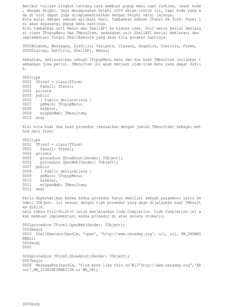 Membuat Popup Menu Saat Runtime Dengan Delphi | PDF