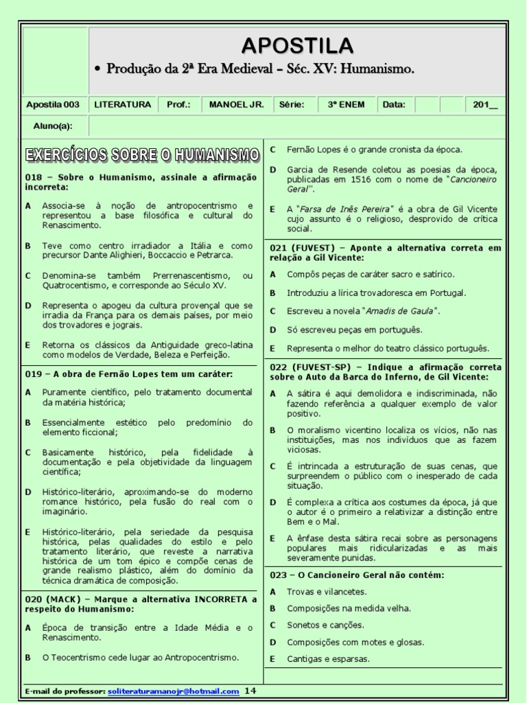 APOSTILA 03 - 2 Era Medieval - Humanismo - 3º ENEM | PDF | Humanismo ...