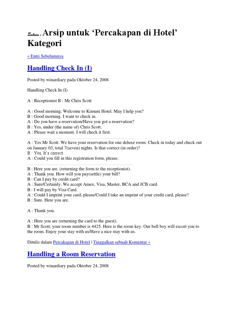 Arsip Untuk Percakapan Di Hotel' Kategori: Handling Check in (I) | PDF ...