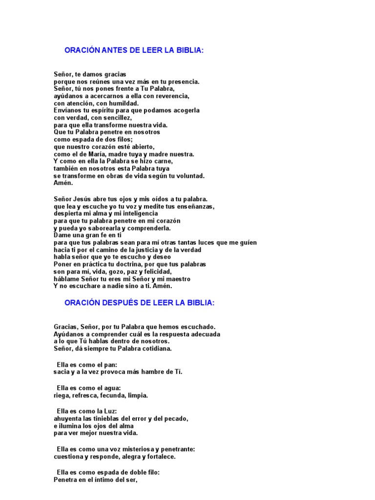 Oraciones antes y después de leer la Biblia | PDF