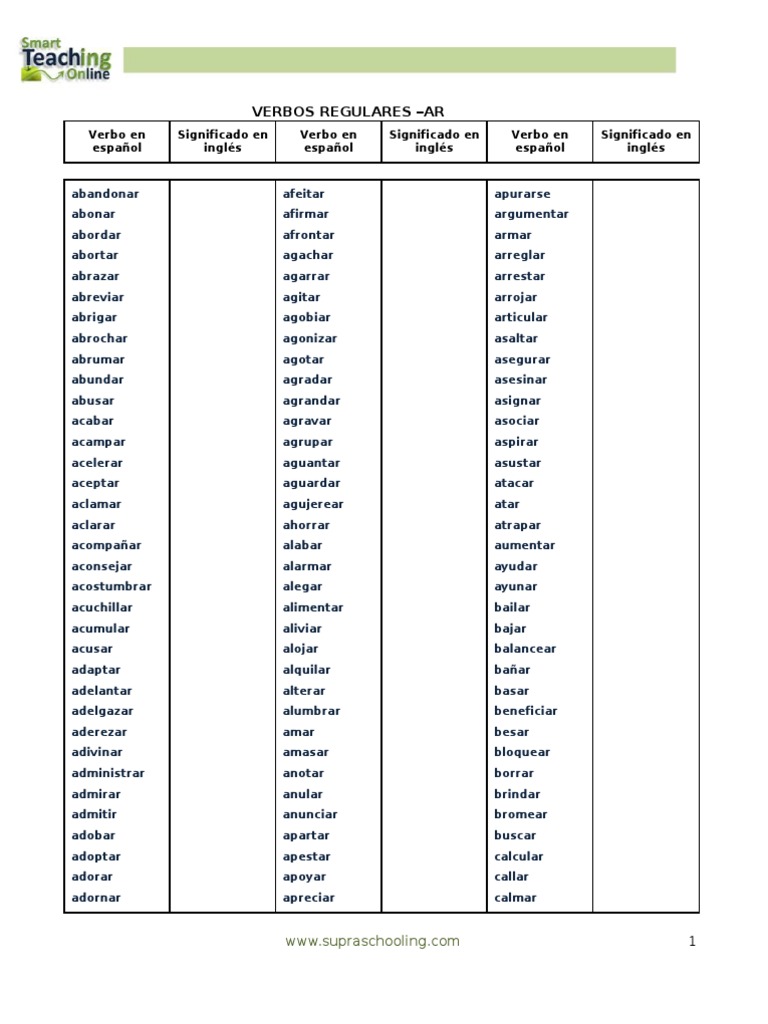 Lista de Verbos Regulares -AR en Español | PDF | Ocio