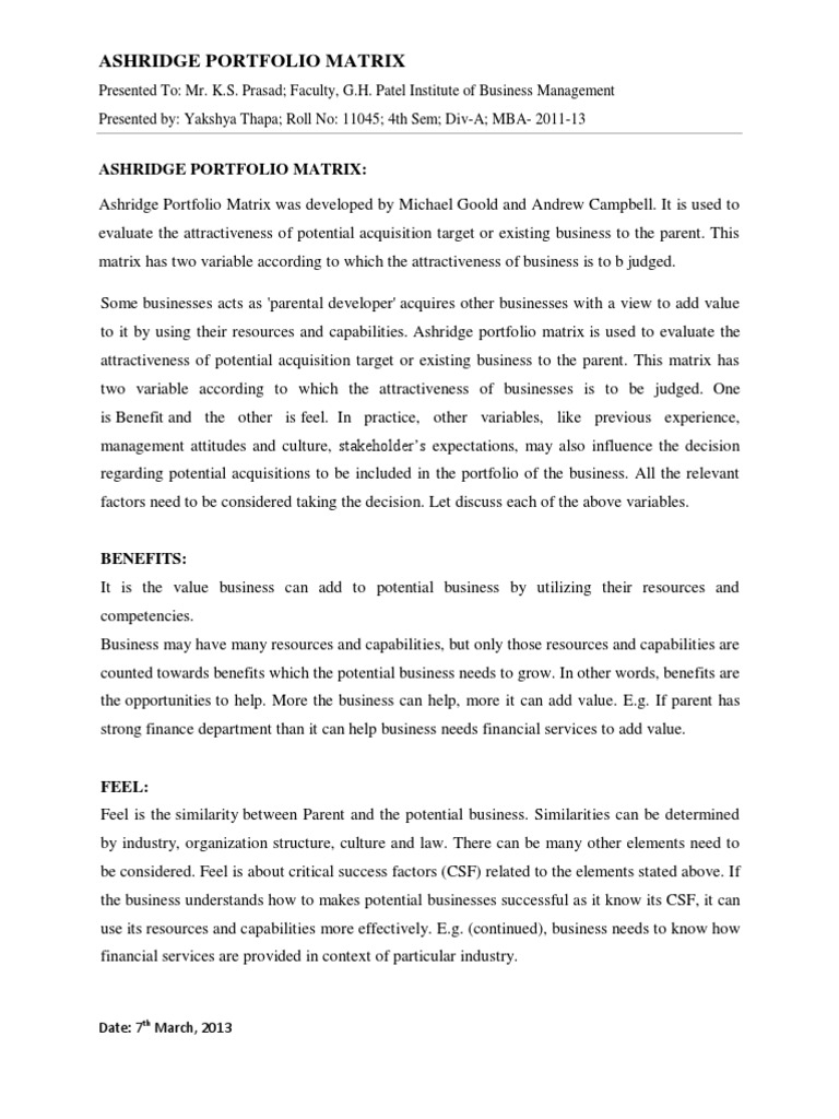 Ashridge Portfolio Matrix | PDF | Mergers And Acquisitions ...