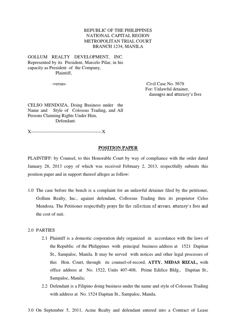 Sample Position Paper For Unlawful Detainer | PDF | Eviction | Lease