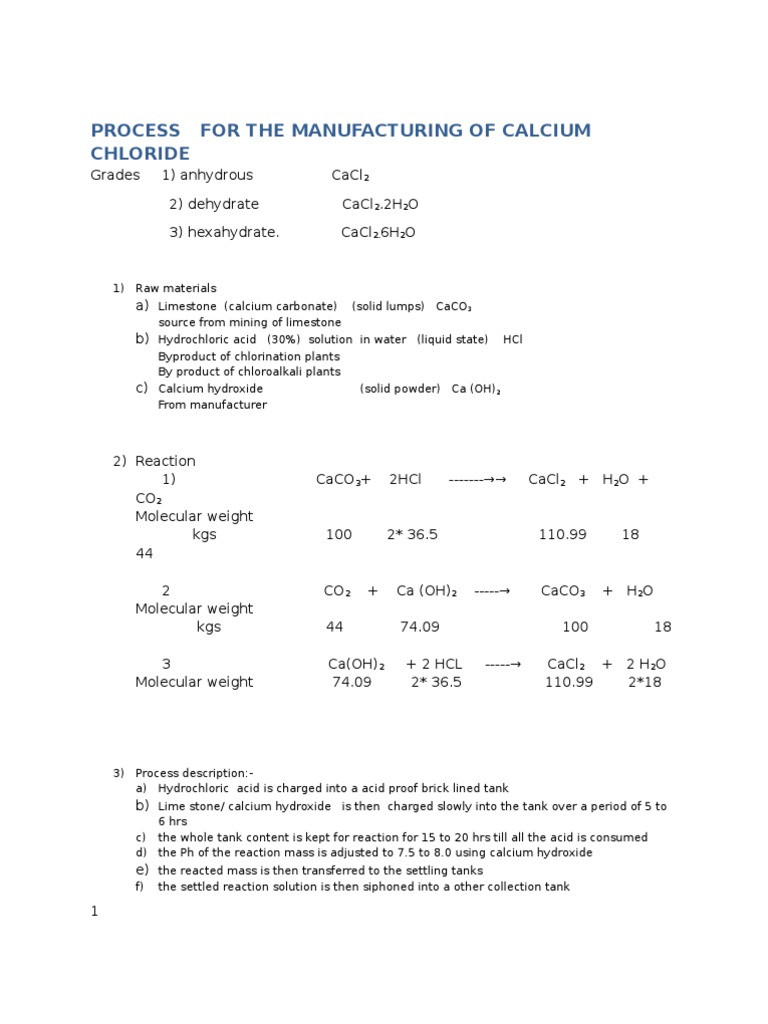 Calcium Chloride Manufacturing Process | PDF | Hydrochloric Acid | Calcium