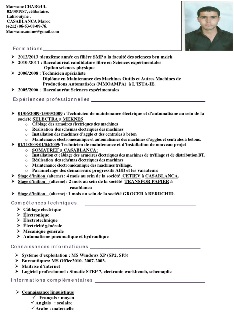CV de Marwane Chargui - Technicien Électrique | PDF | Sciences et ...