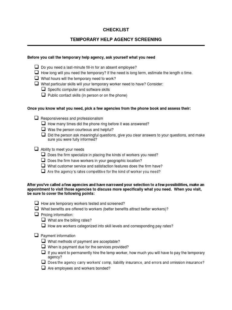 Checklist - Temporary Help Agency Screening | PDF | Temporary Work ...