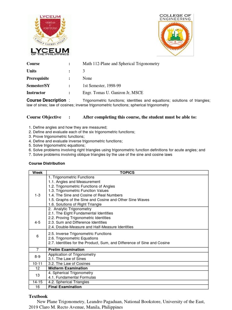 Trigonometry Course Outline and Syllabus | PDF | Trigonometric ...