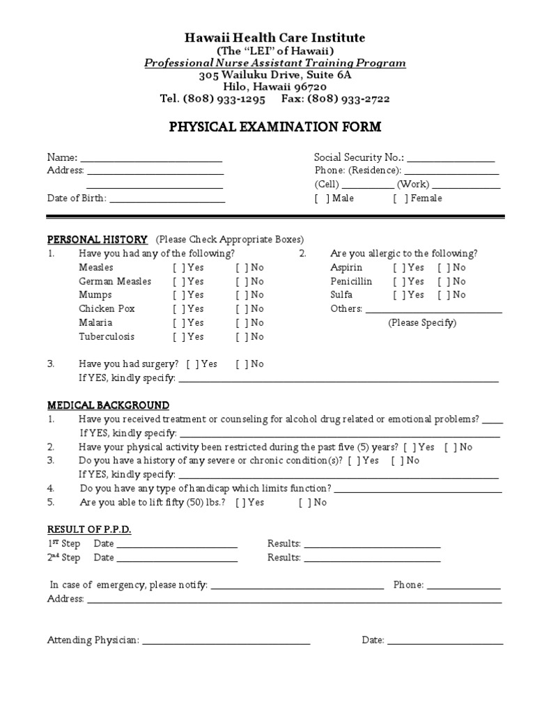 Physical Exam Form Nurse Assistant | PDF | Physical Examination | Nursing