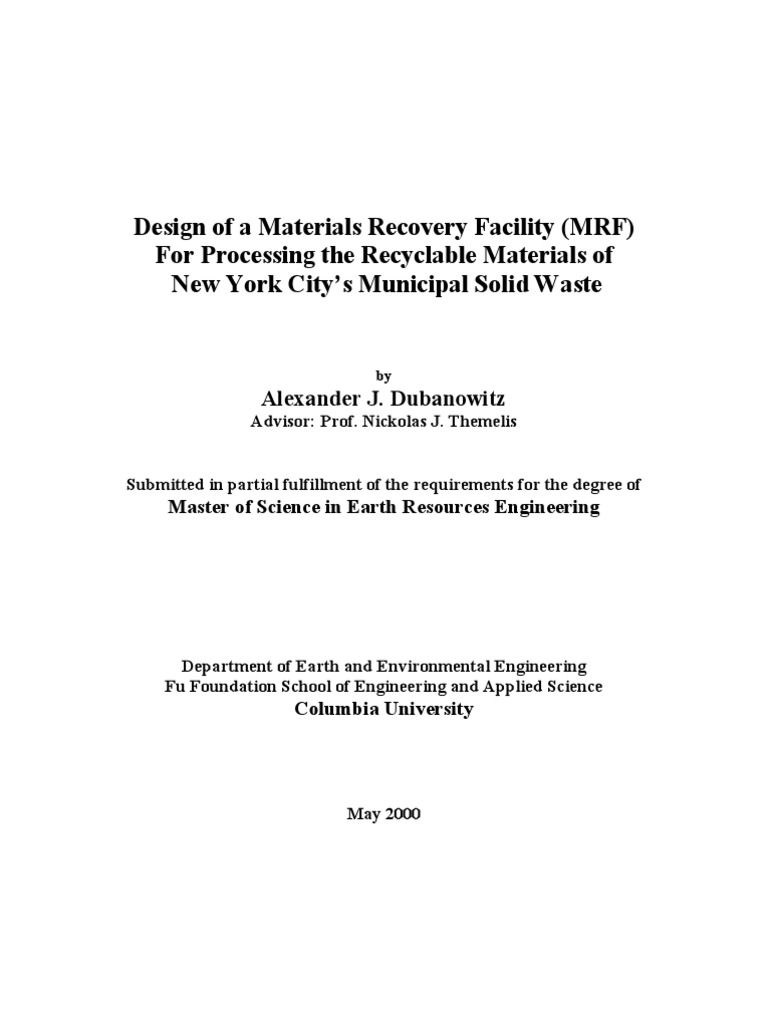 Design of A Materials Recovery Facility (MRF) For Processing | PDF ...