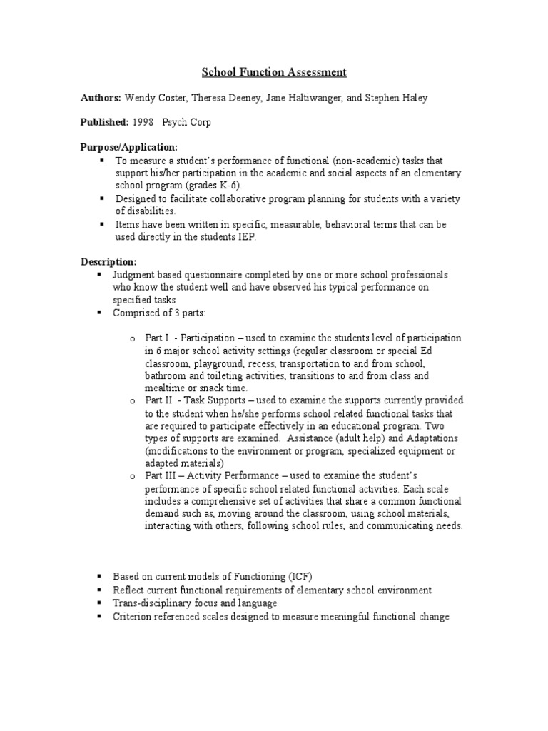 School Function Assessment | PDF | Attention | Classroom
