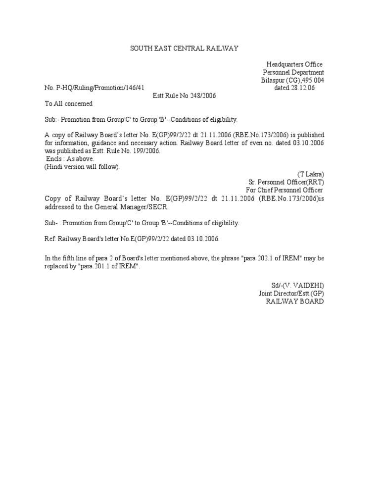 Railway Board's Letter No. E (GP) 99/2/22 DT 21.11.2006 (RBE - No.173/ ...