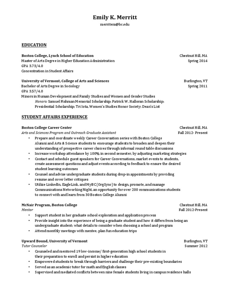 Merritt Student Affairs Resume | PDF | Vermont | Mentorship