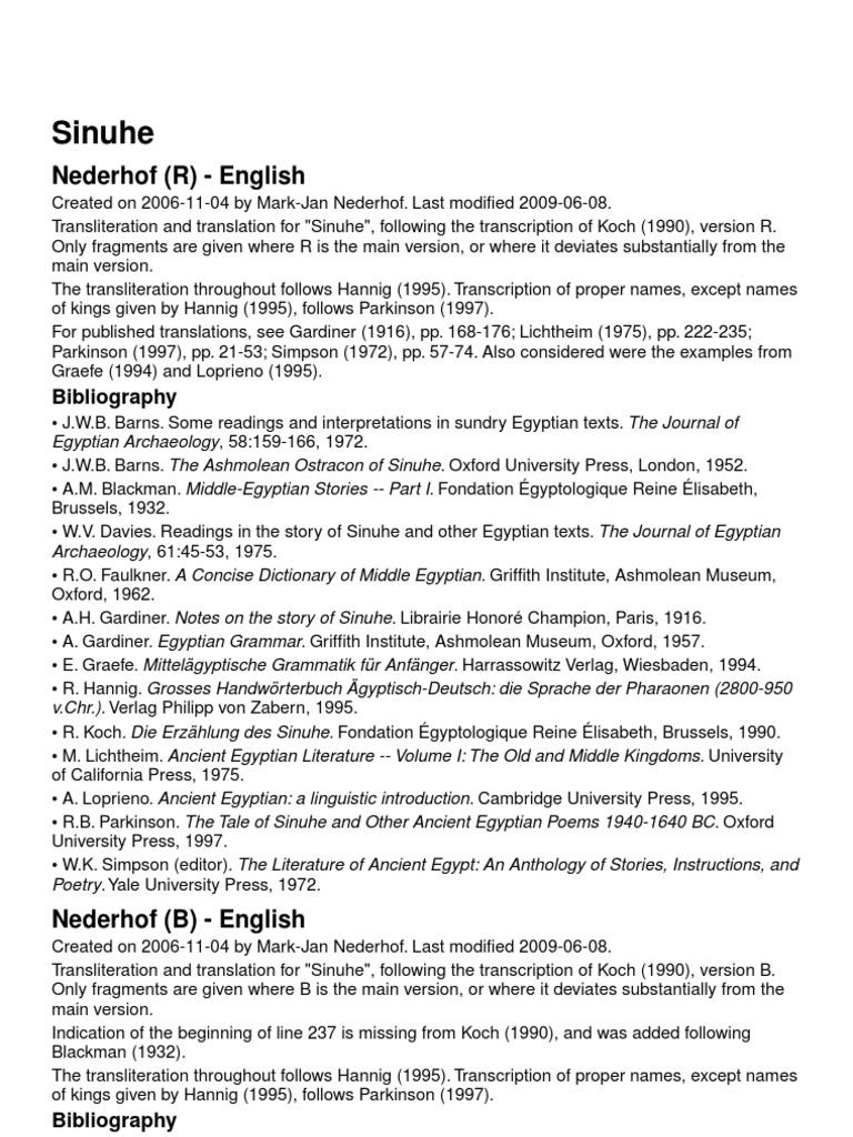 Sinuhe: Transliteration and Analysis | PDF