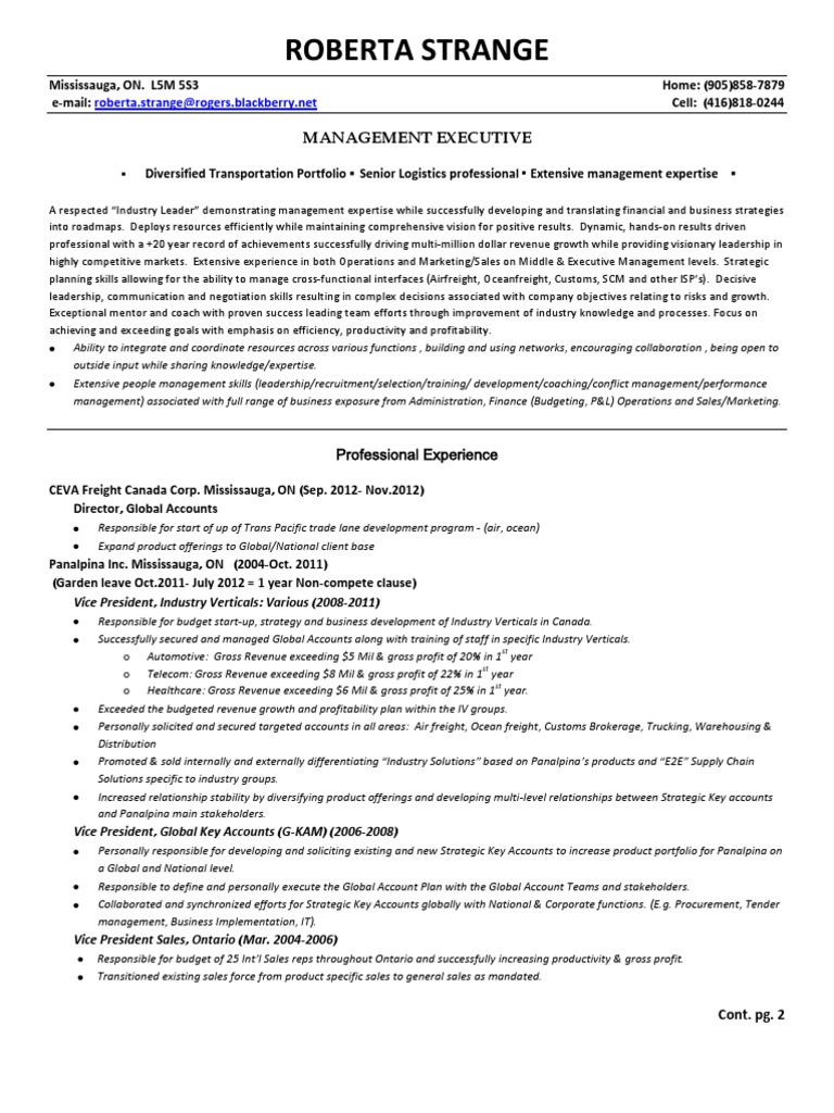 Vice President Logistics in Toronto Canada Resume Roberta Strange ...