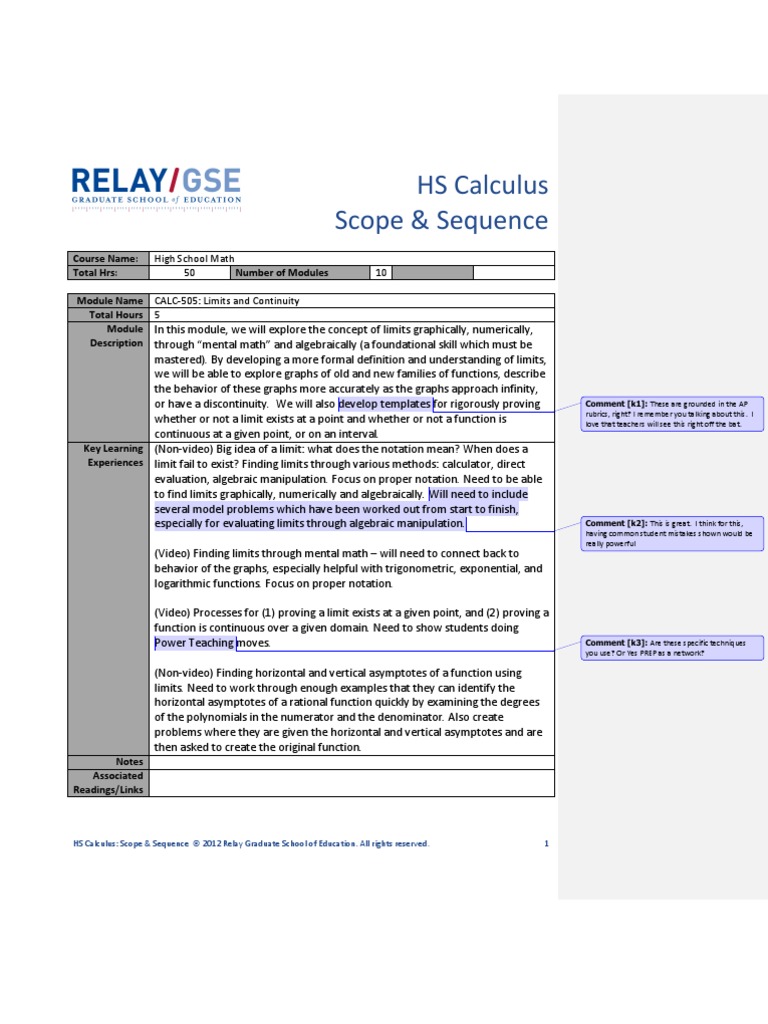 Calculus Modules - Scope and Sequence | PDF | Integral | Derivative