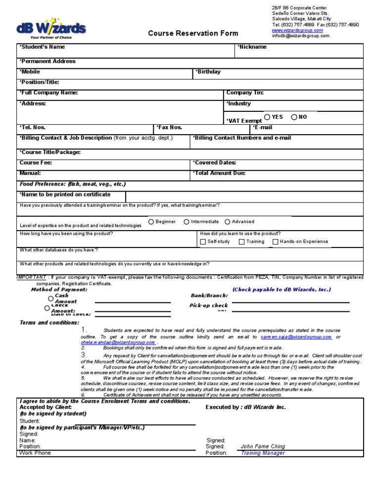 Course Reservation Form | PDF | Cheque | Email