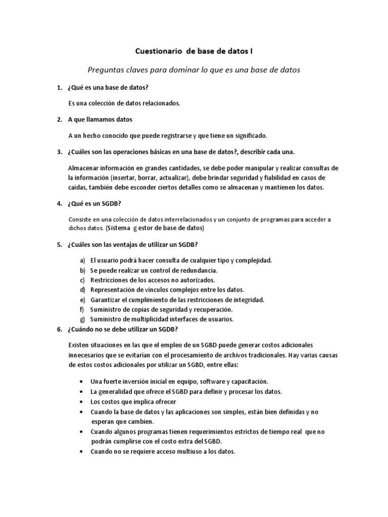 Cuestionario Base de Datos I | PDF | Bases de datos | Archivo de computadora