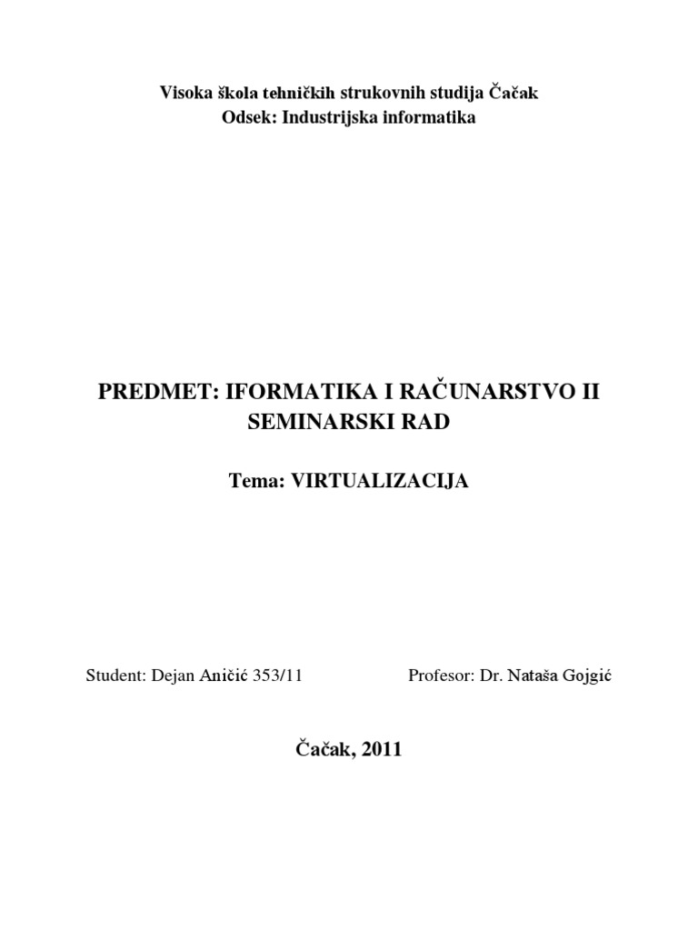 Seminarski - Informatika I Racunarstvo 2 - Virtualizacija | PDF