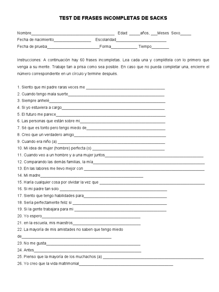 Test de Frases Incompletas de Sacks (Adultos) | PDF