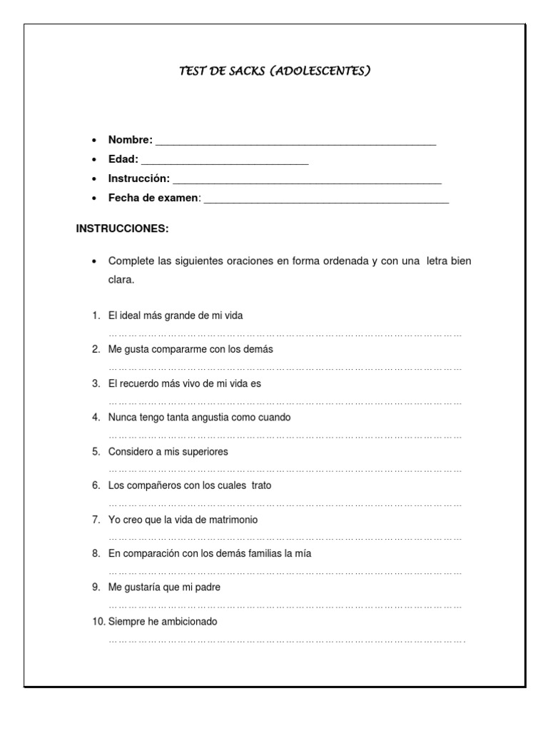 TEST de SACK Adolescentes | PDF | Violencia