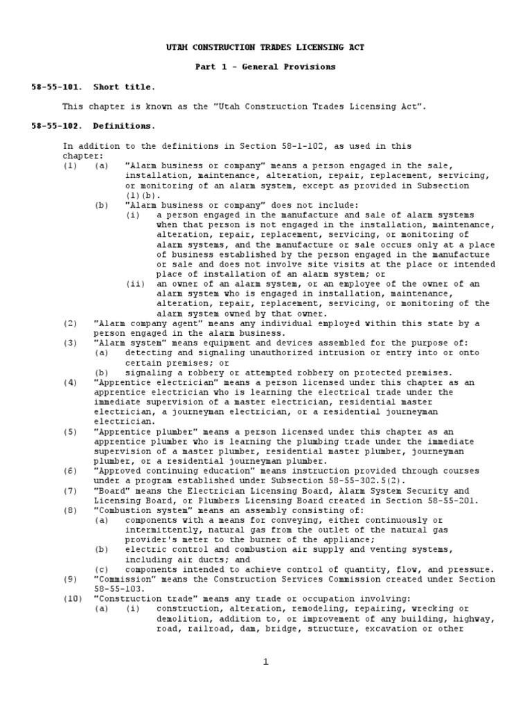 Utah Construction Trades Licensing Act | PDF | Journeyman | Electrician