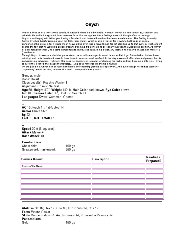 Onych: A Chaotic Dwarf Warrior Profile | PDF