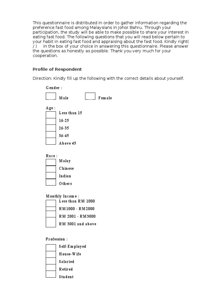 Questionnaire Fast Food | Download Free PDF | Eating Behaviors Of ...