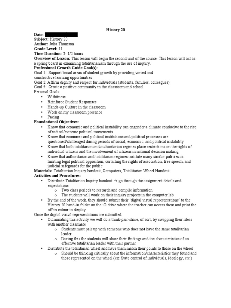 Totalitarianism Inquiry Lesson Plan | PDF | Totalitarianism ...