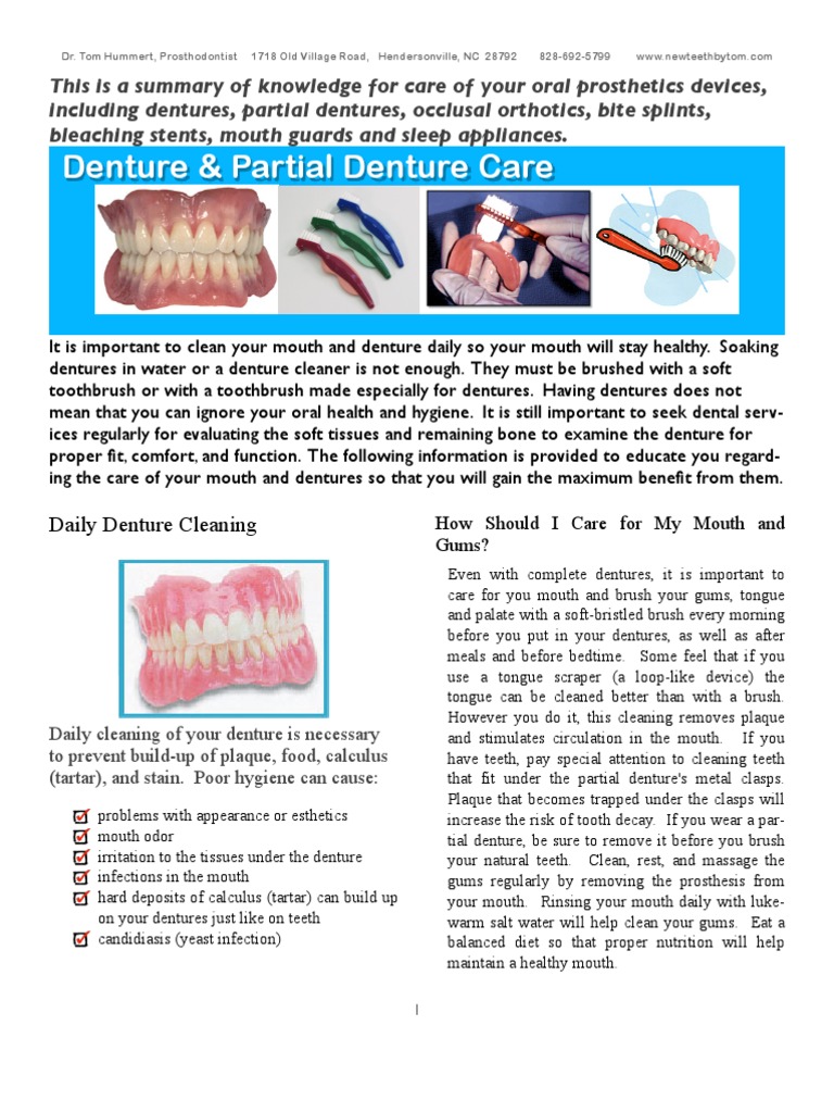 Denture Care Handout | PDF | Dentures | Toothbrush