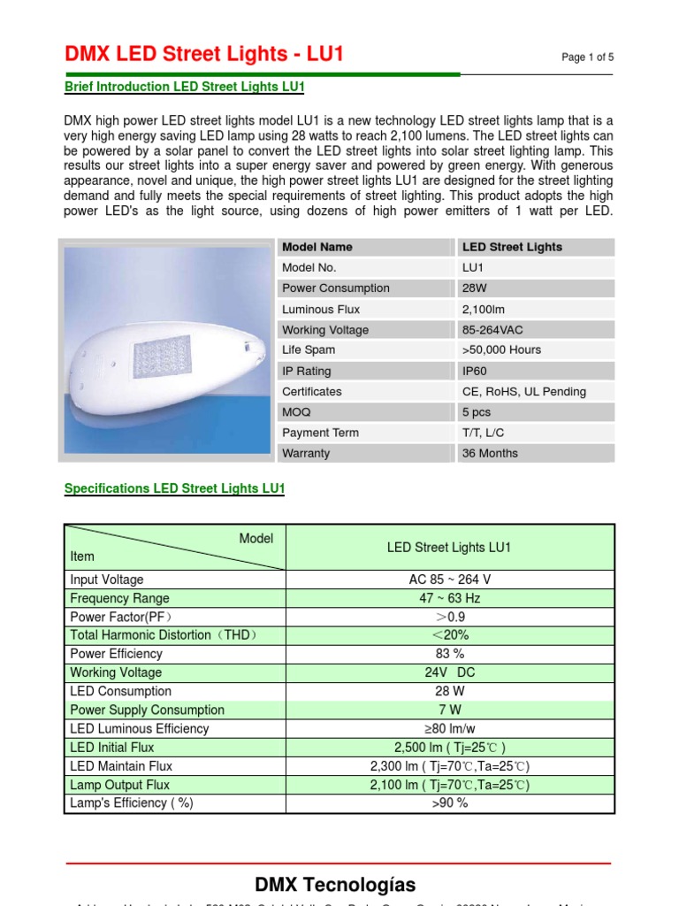 LED Street Lights LU1 Specifications | PDF | Light Emitting Diode ...