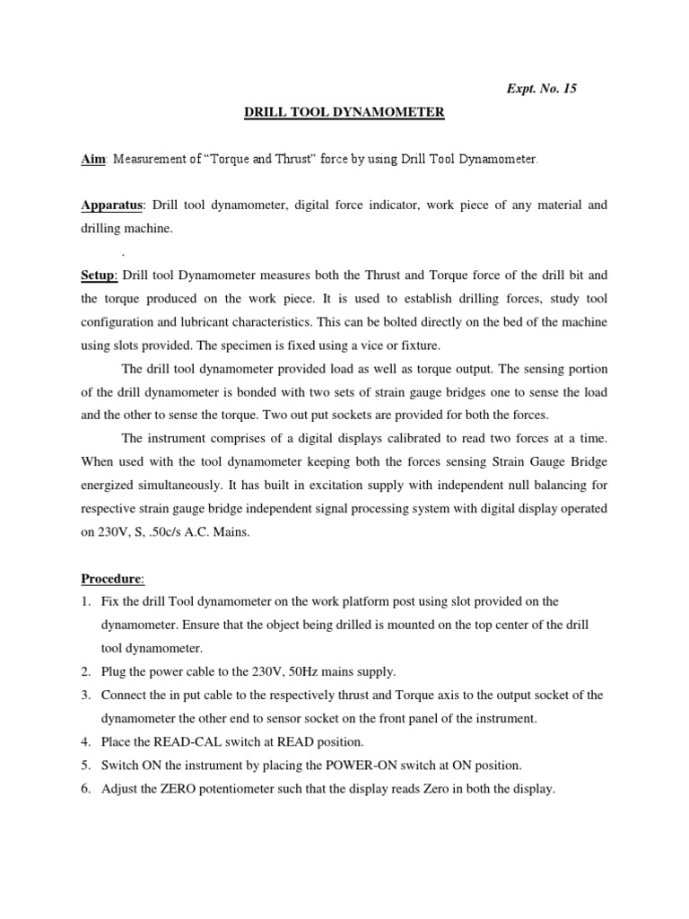 Drill Tool Dynamometer Experiment | PDF | Drill | Ac Power Plugs And ...