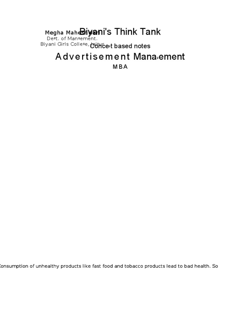 Biyani's Think Tank Advertisement Mana Ement: Conce T Based Notes | PDF ...