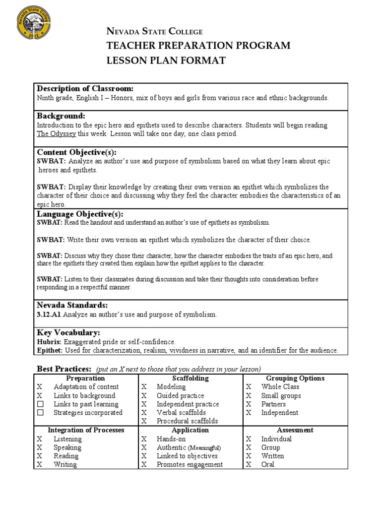 Epic Hero Epithet Lesson Plan | PDF | Hero | Lesson Plan