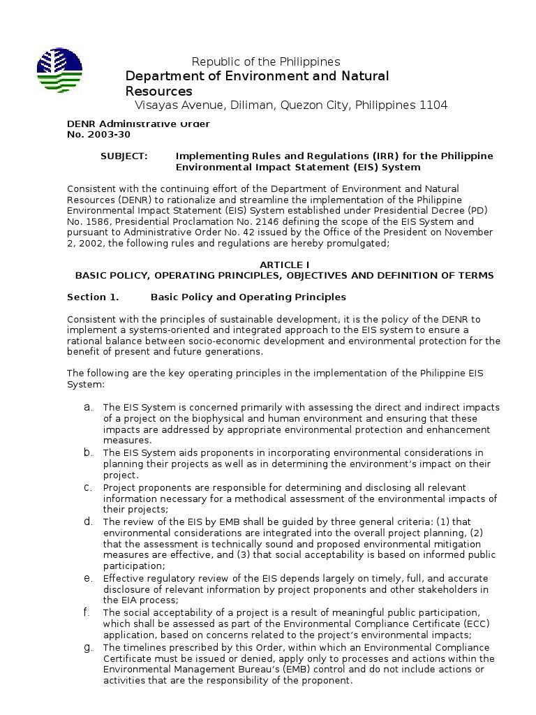 IRR of The Philippine EIS System | PDF | Environmental Impact ...