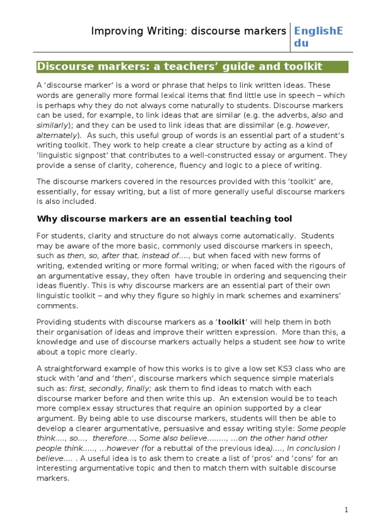 Discourse Markers Toolkit | Essays | Discourse